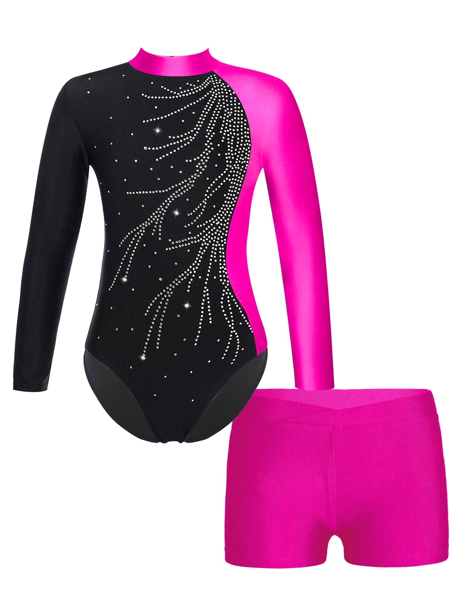 TiaoBug Kids Girls Skating Workout Outfits Rhinestone Color Block ...
