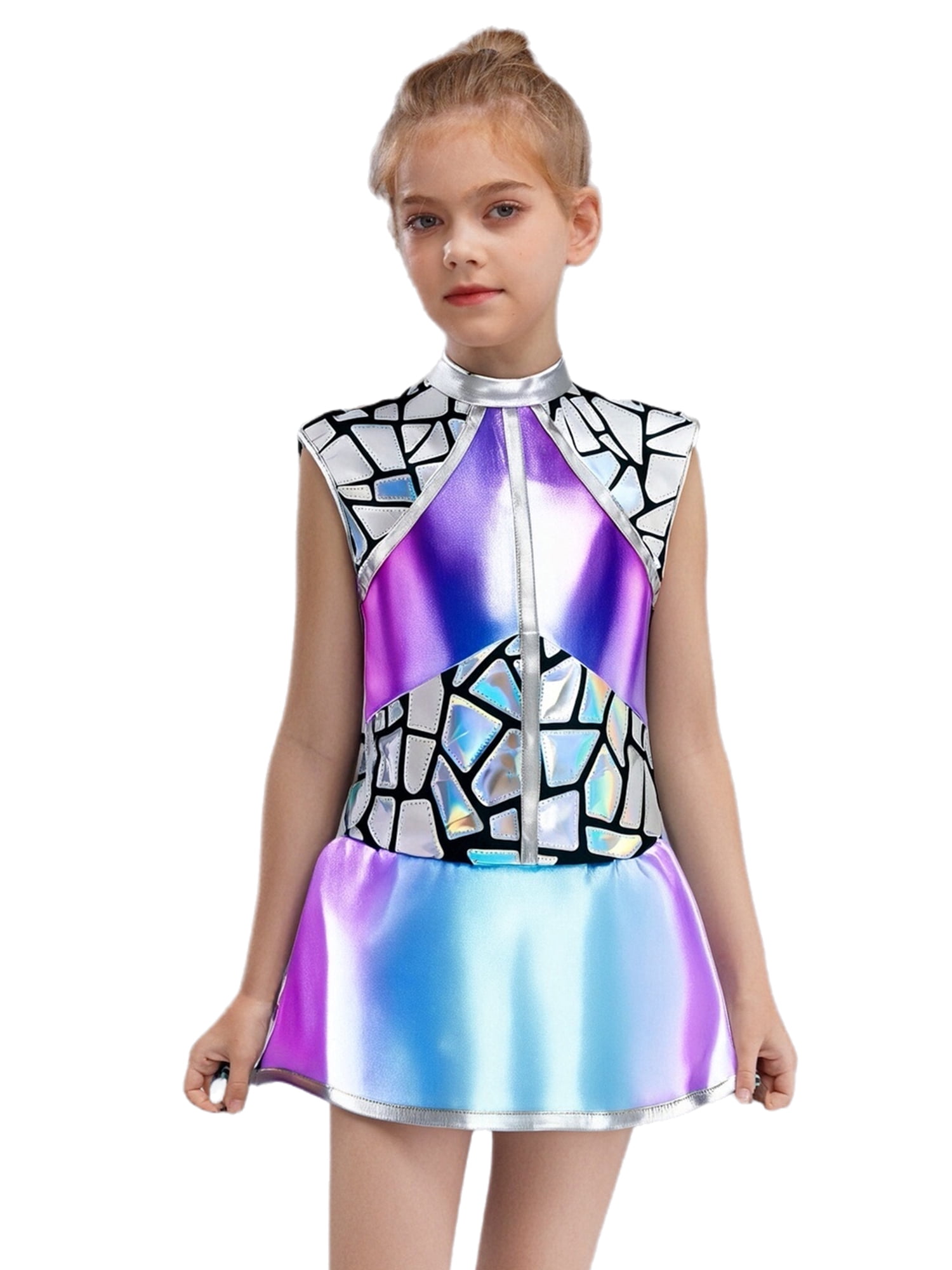 TiaoBug Kids Girls Sleeveless Alien Dress Metallic Shiny A-Line Flare ...