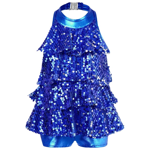 TiaoBug Kids Girls Sequins Latin Jazz Leotard Halter Tassel Mini Dress ...