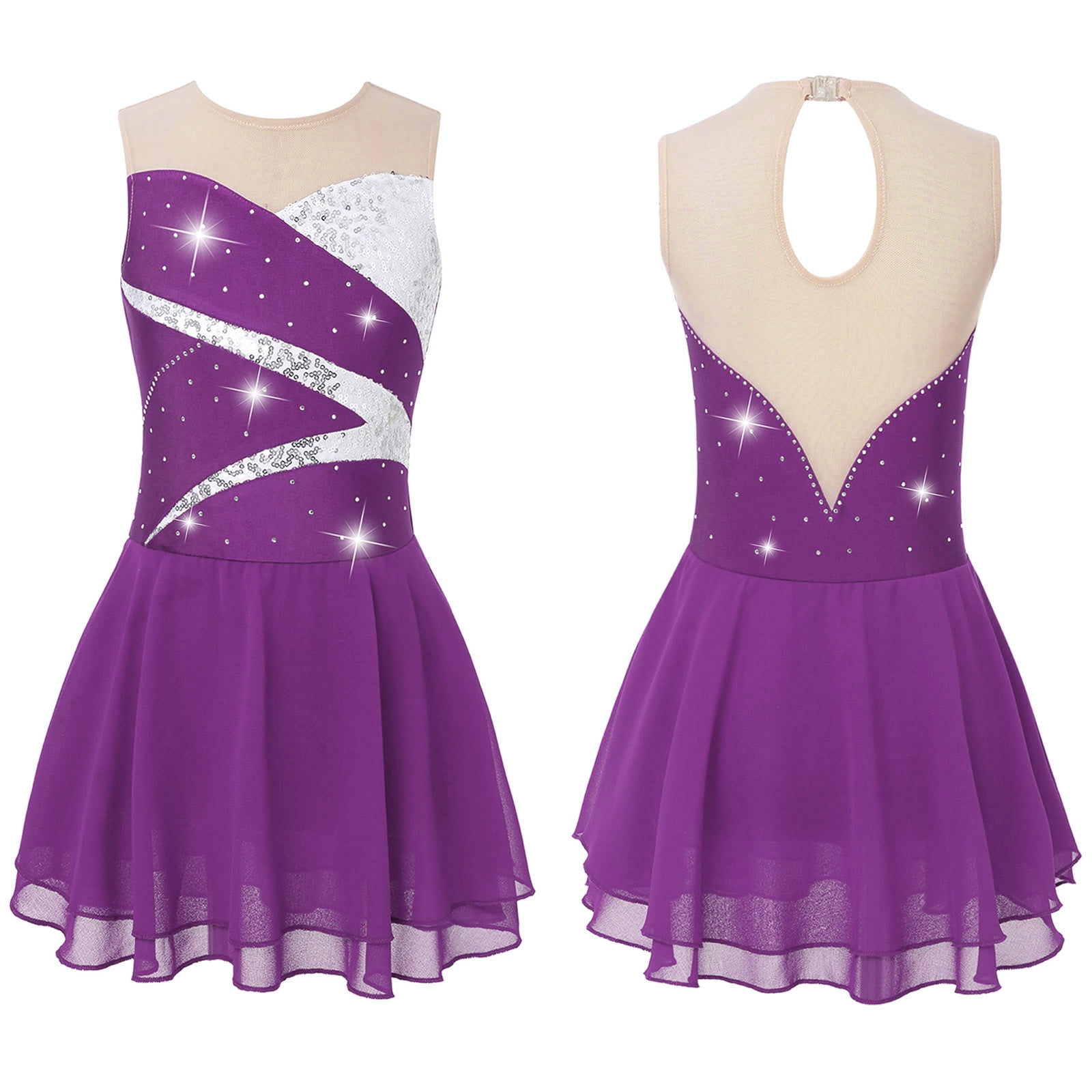 TiaoBug Kids Girls Sparkle Mesh Splice Figure Ice Skating Dress Ballet ...