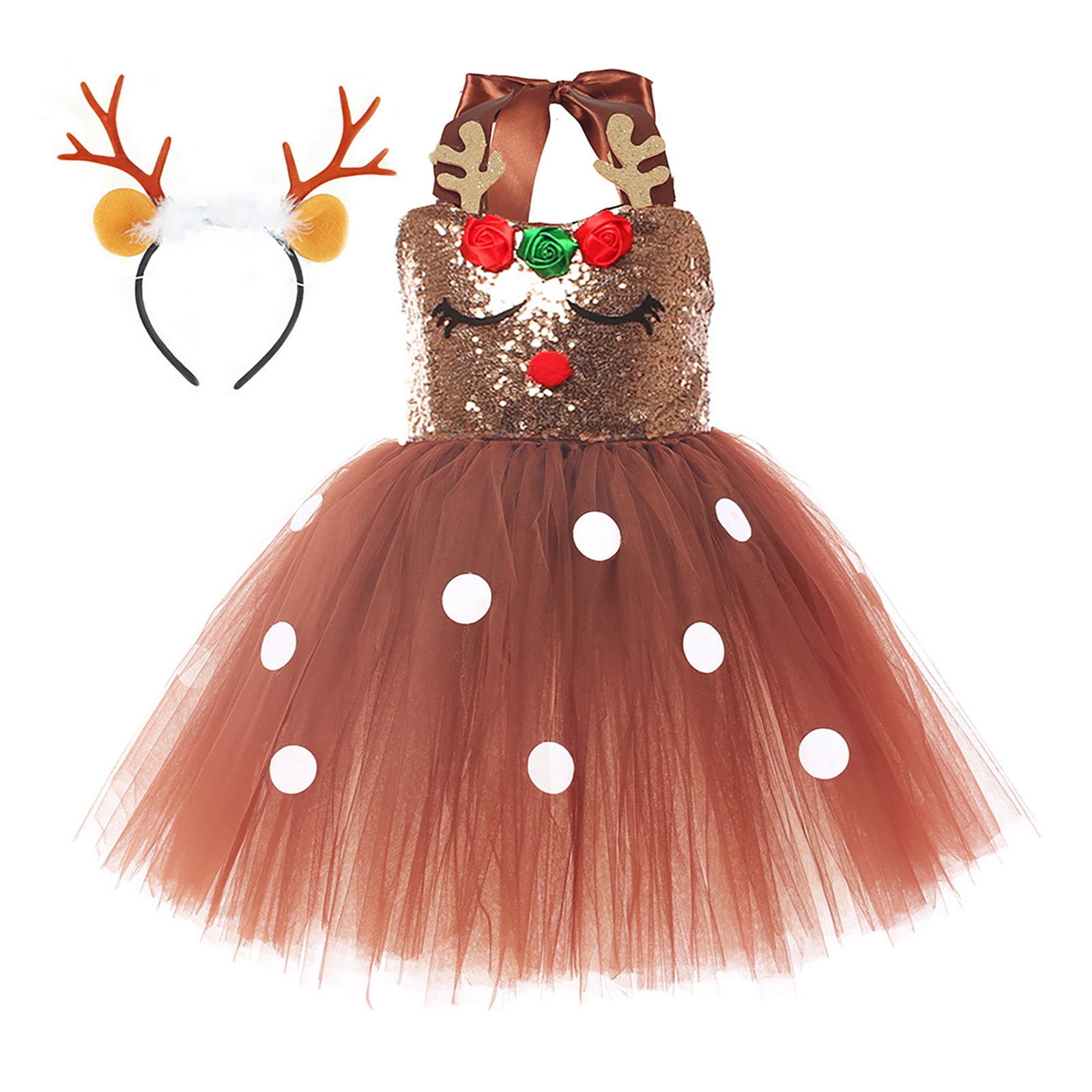 TiaoBug Kids Girls Sparkly Sequins Reindeer Costume Christmas Party ...