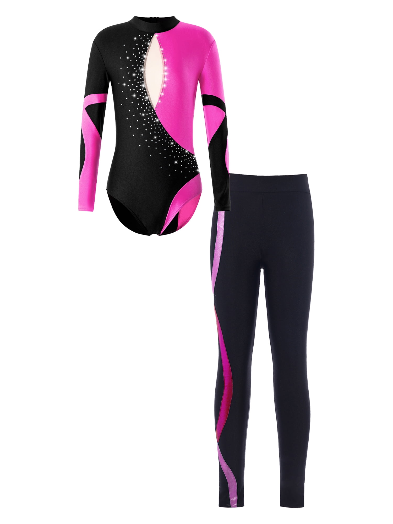 TiaoBug Kids Girls Sports Workout Dance Outfits Sparkly Long Sleeve ...