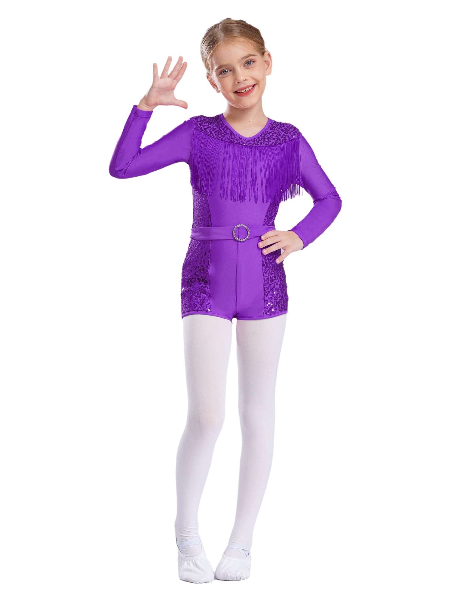 TiaoBug Kids Girls Tassel Sequin Long Sleeve Gymnastics Leotard Ballet Dance Unitard Short ...