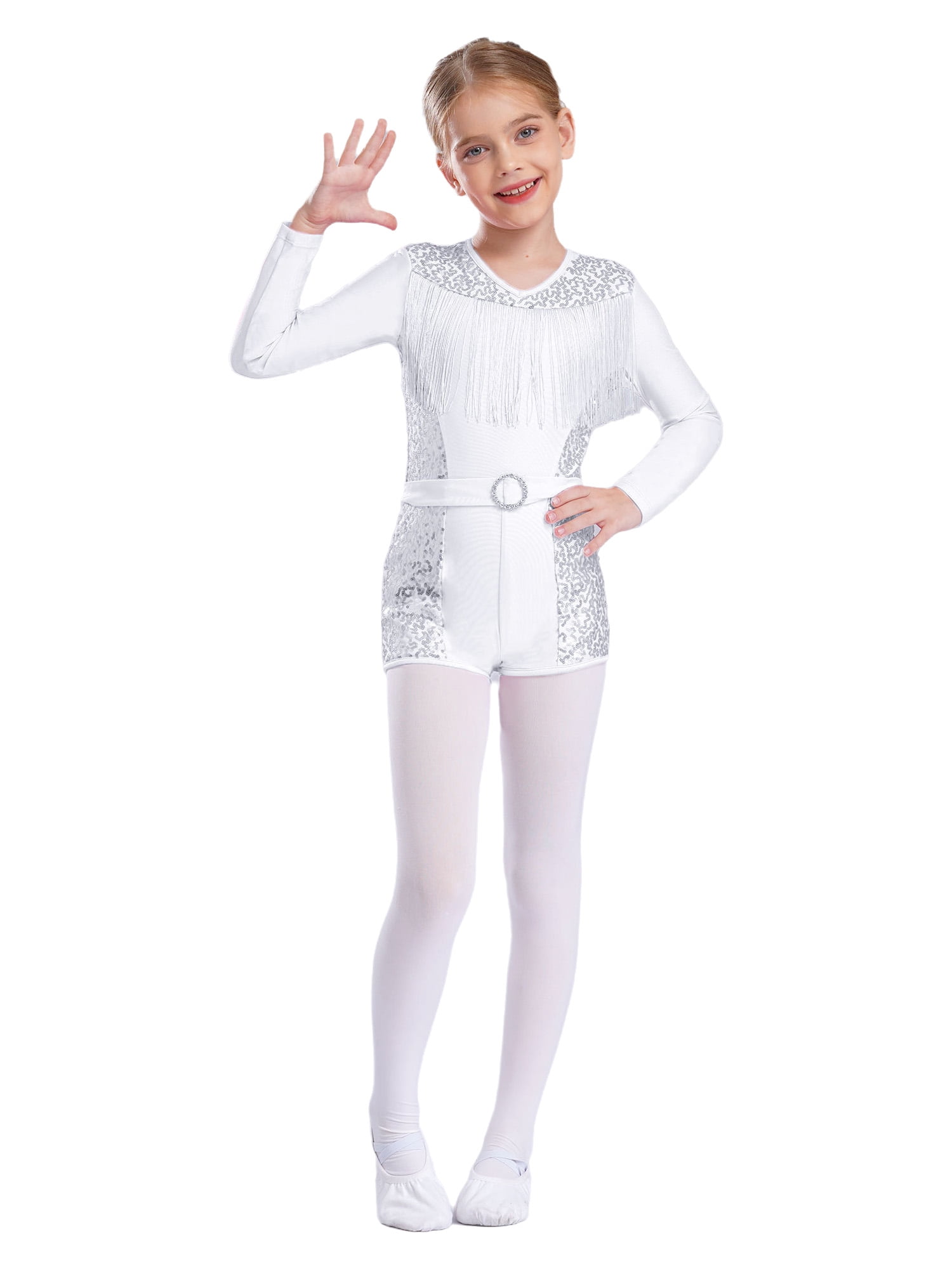 TiaoBug Kids Girls Tassel Sequin Long Sleeve Gymnastics Leotard Ballet ...
