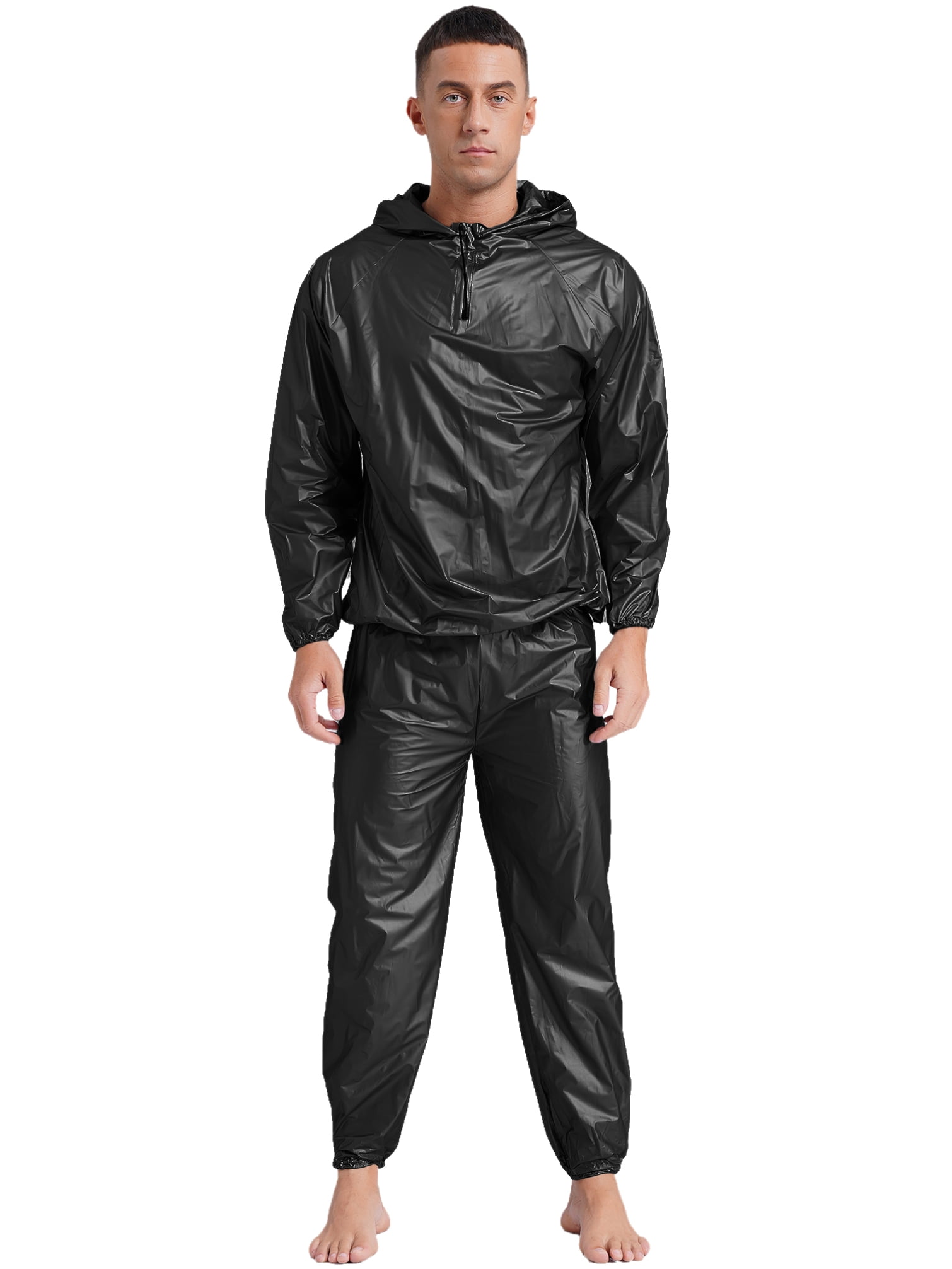 TiaoBug Men's Sauna Suits PVC Hooded Long Sleeve Sweatshirt And Pants ...