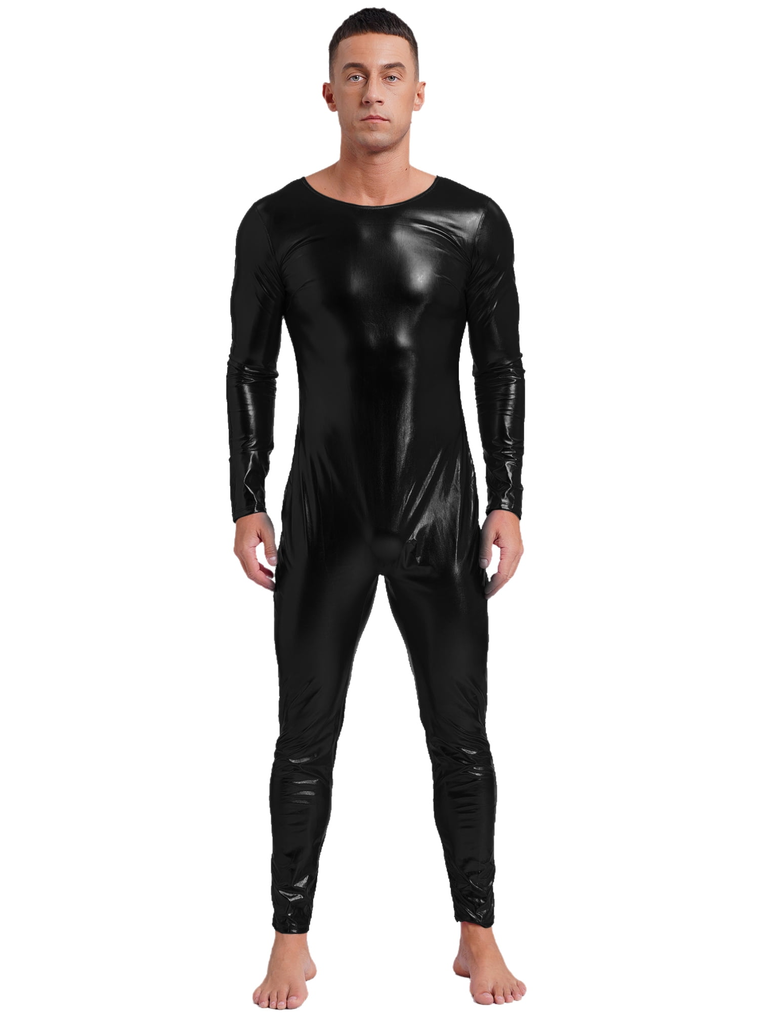 TiaoBug Men's Shiny Metallic Bodysuit Unitard Dancewear Long Sleeve One ...