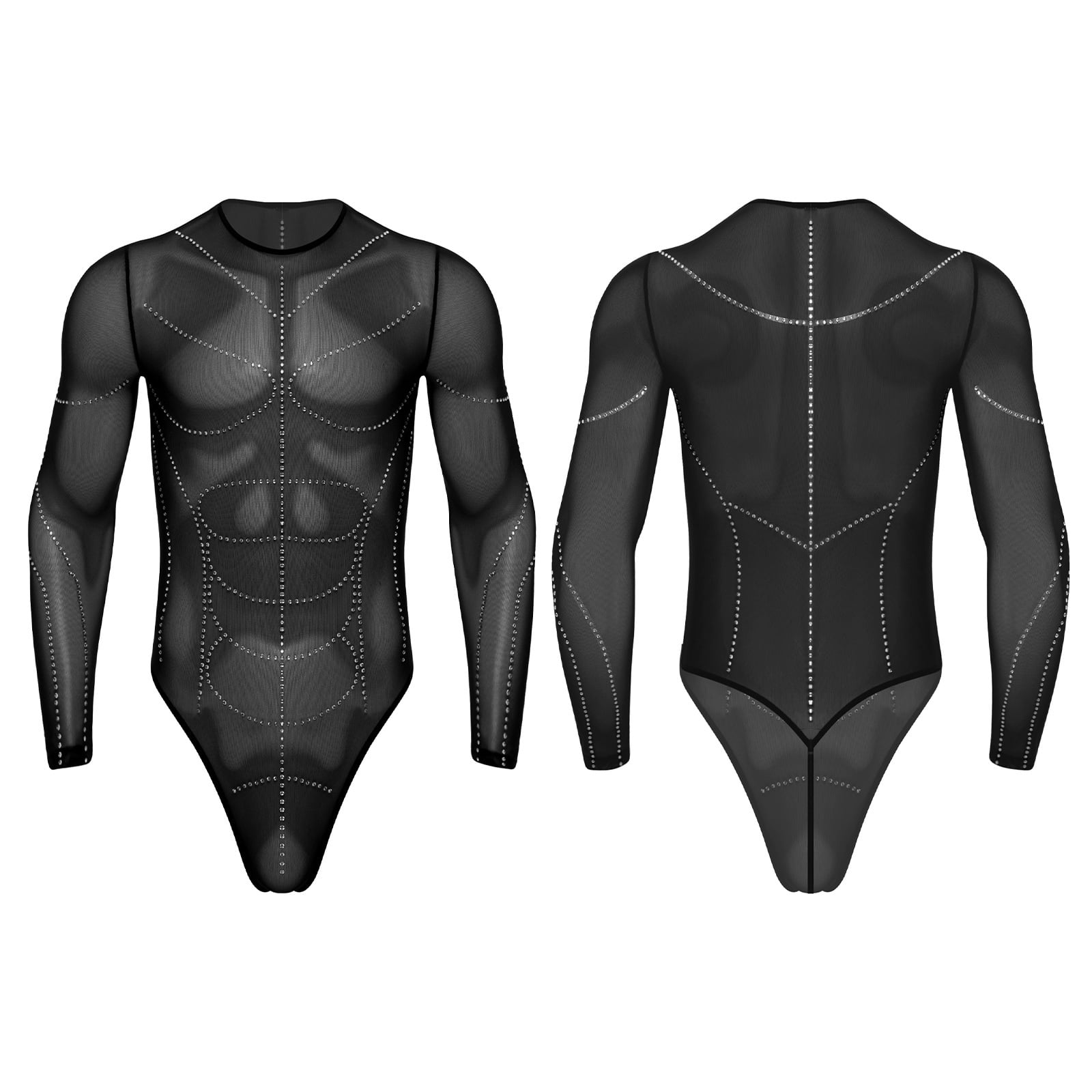 TiaoBug Mens Sheer Mesh Long Sleeve Bodysuit with Rhinestones Shaping Muscle Singlet Gymnastic ...
