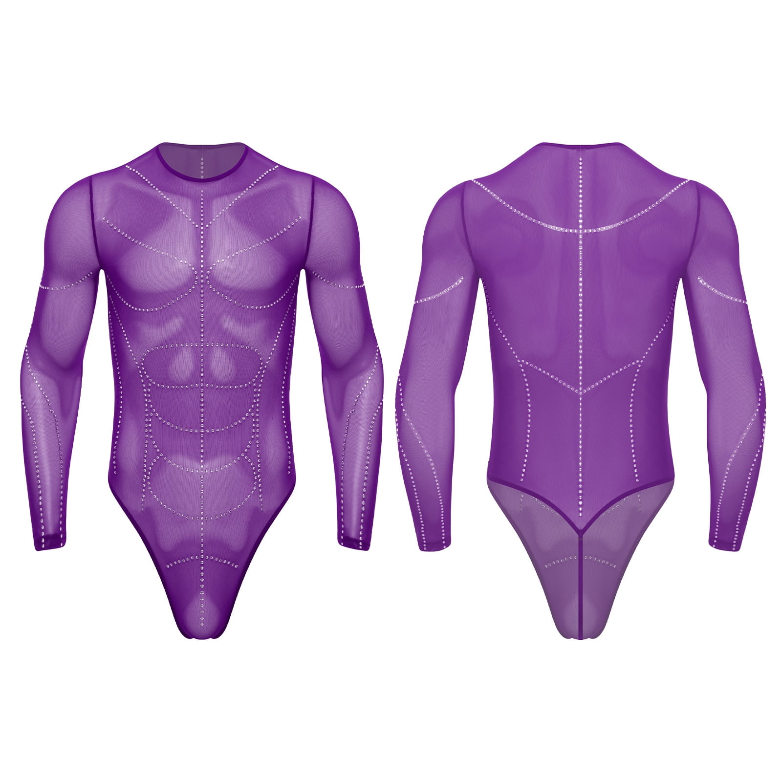 TiaoBug Mens Sheer Mesh Long Sleeve Bodysuit with Rhinestones Shaping ...