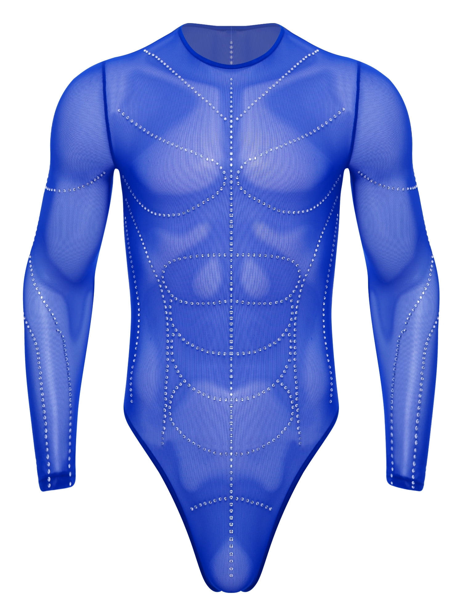 TiaoBug Mens Sheer Mesh Long Sleeve Bodysuit with Rhinestones Shaping ...