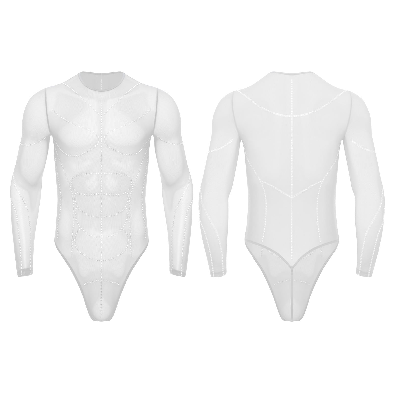 TiaoBug Mens Sheer Mesh Long Sleeve Bodysuit with Rhinestones Shaping ...