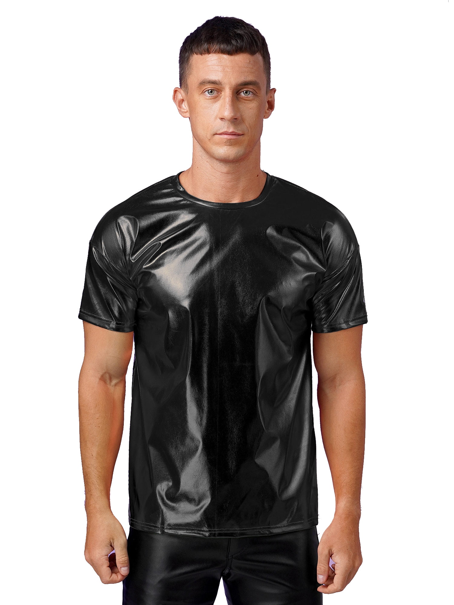 TiaoBug Mens Shiny Metallic Short Sleeve Disco Dance Top Slim Fit Rave ...