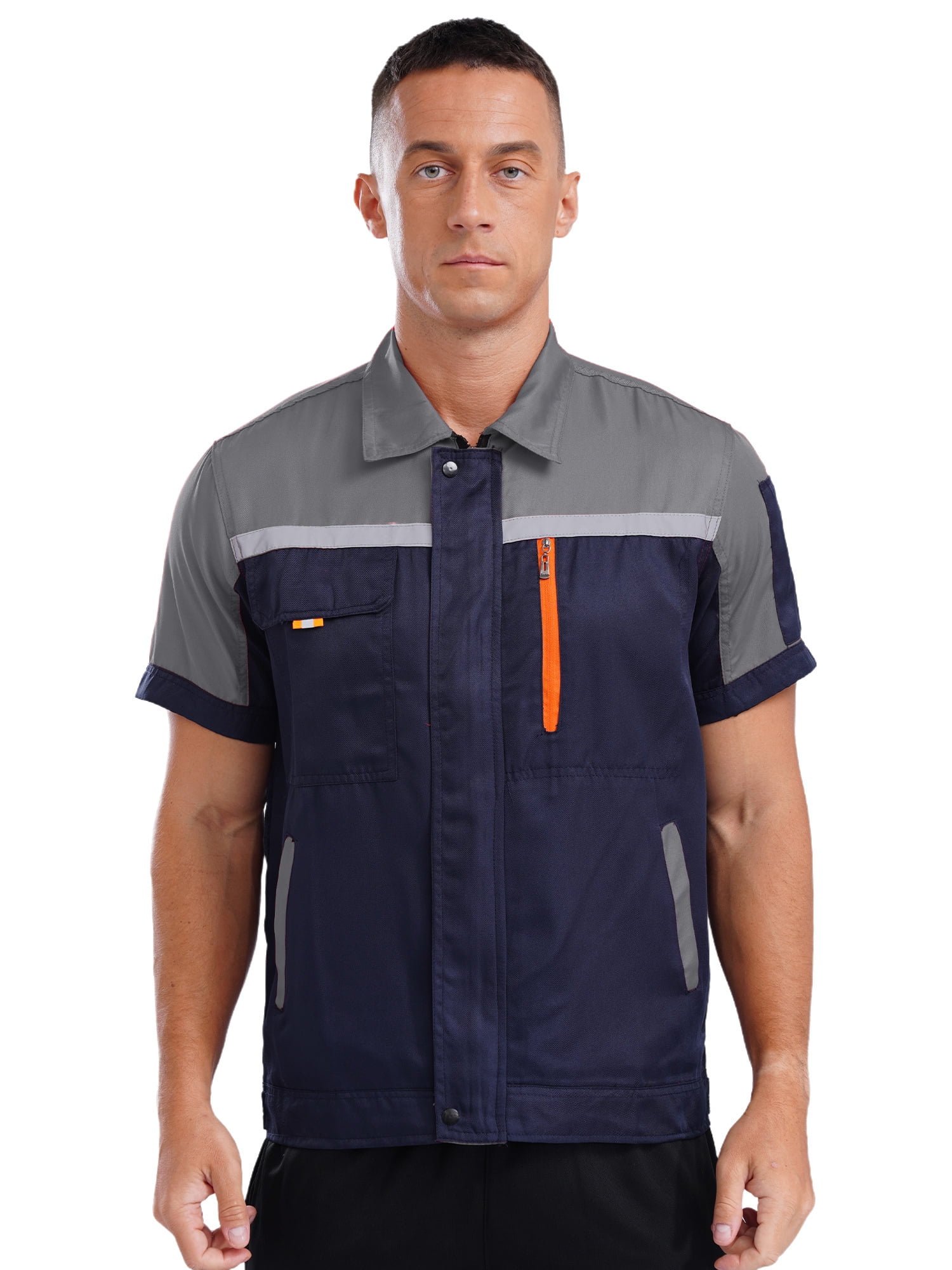 TiaoBug Mens Short Sleeve Zip Up Work Shirt Reflective Stripes Jacket ...