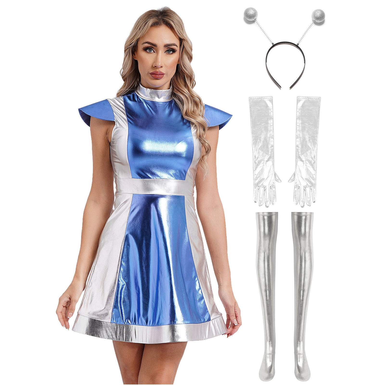 TiaoBug Space Alien Costume for Women Shiny Metallic Contrast Dress ...