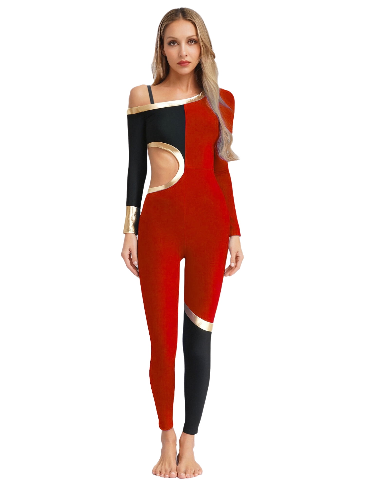 TiaoBug Woman Dance Unitards Cold Shoulder Long Sleeve Gymnastics ...