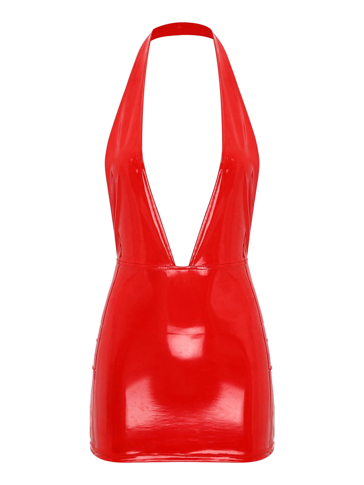 TiaoBug Woman's Wet Look Patent Leather Bodycon Mini Dress Plunging ...