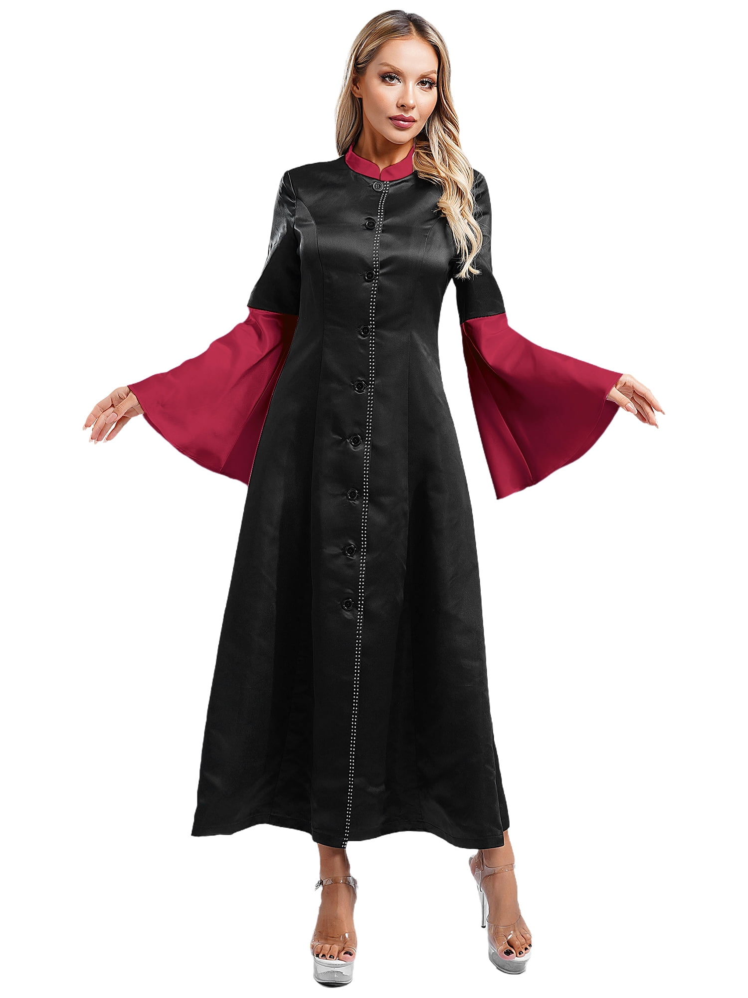 TiaoBug Women Church Choir Priest Robe Rhinestones Trim Flared Sleeves ...