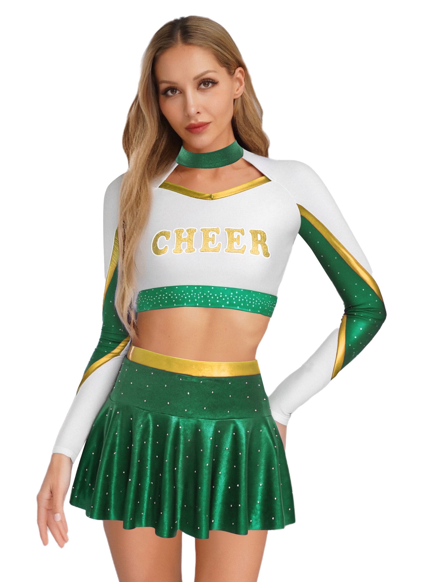 TiaoBug Women Girls Cheer Leader Uniform Dress Cheerleading Outfits Sparkle Long Sleeve Crop Top ...
