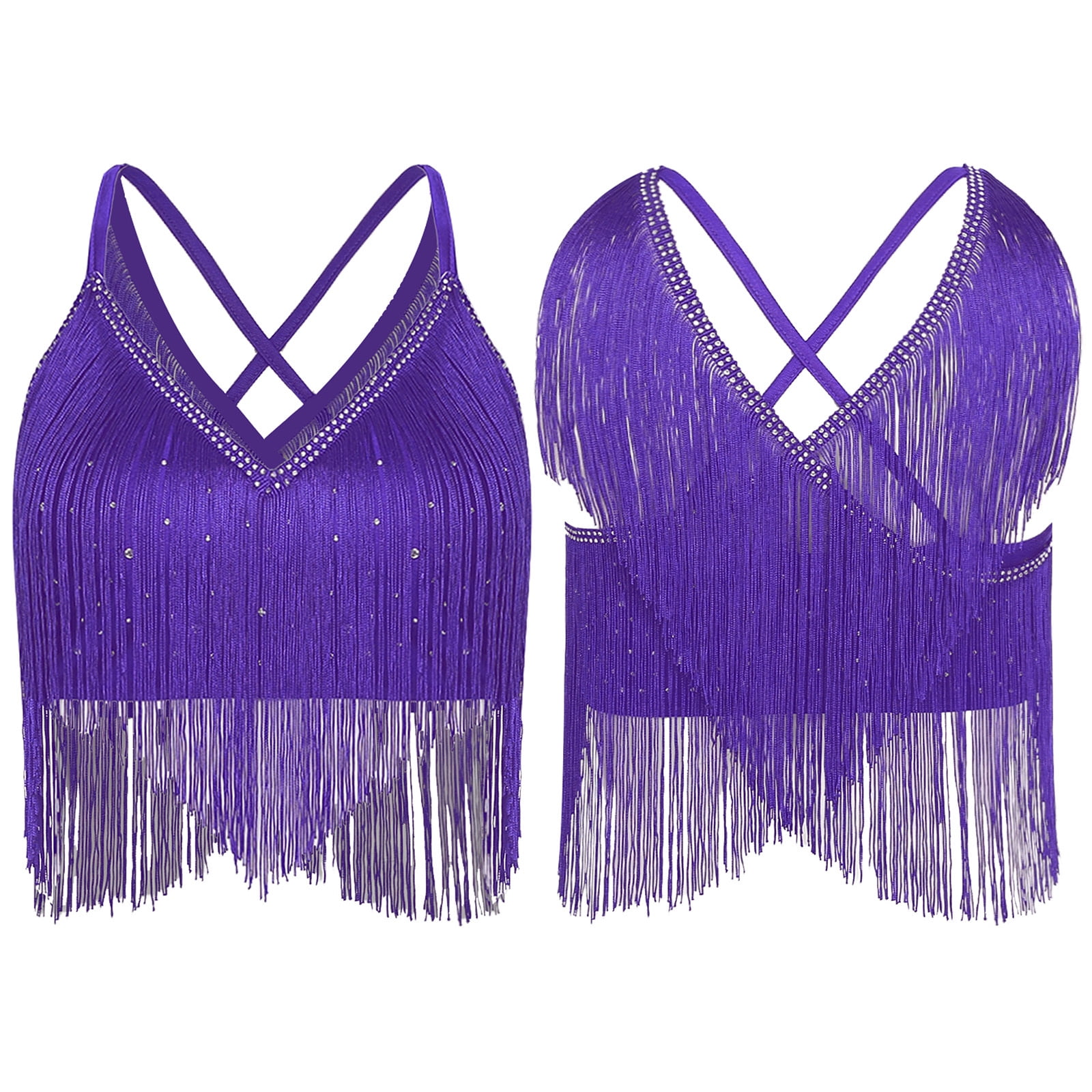 TiaoBug Women Salsa Latin Dance Top V-Neck Sleeveless Fringe Crop Top ...