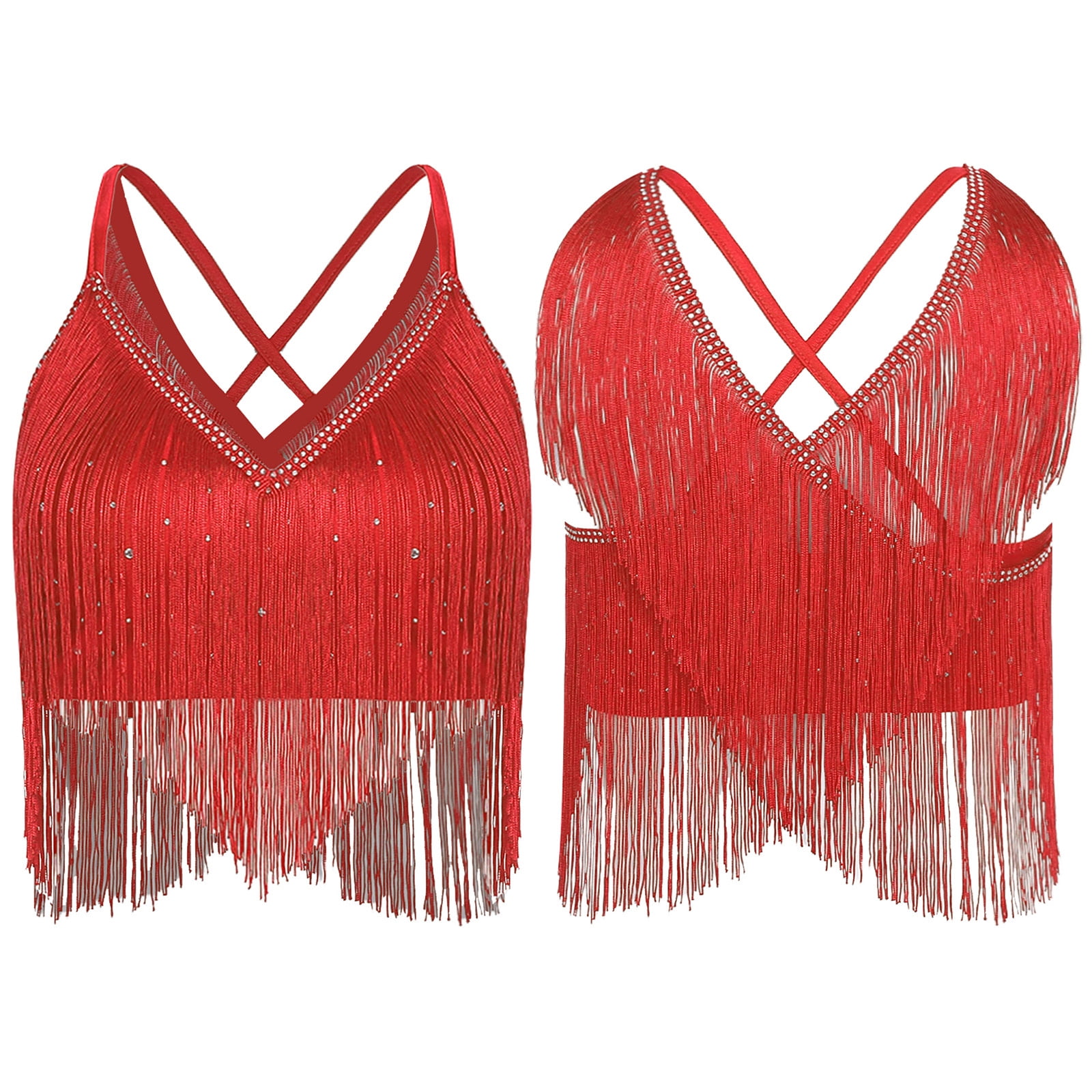 TiaoBug Women Salsa Latin Dance Top V-Neck Sleeveless Fringe Crop Top ...