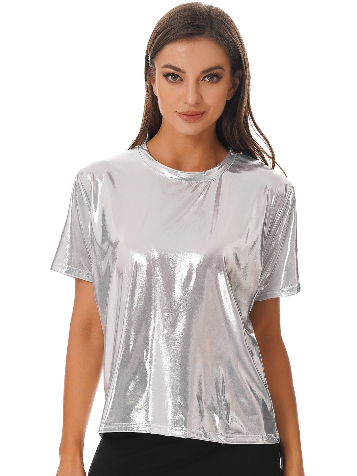 TiaoBug Women Shiny Metallic Crop Tops Short Sleeve Holographic Shirt ...