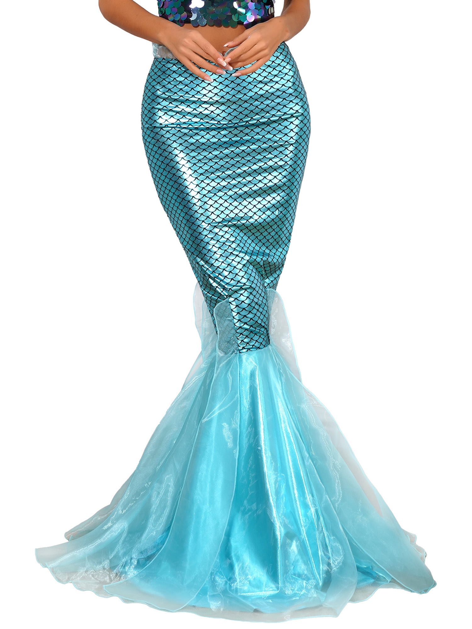 TiaoBug Women Shiny Metallic Maxi Fishtail Skirt Halloween Cascading ...