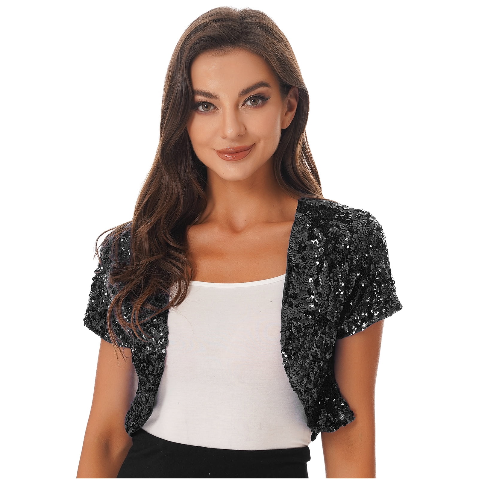 TiaoBug Womens Shiny Sequin Cropped Cardigan Jacket Short Sleeve ...