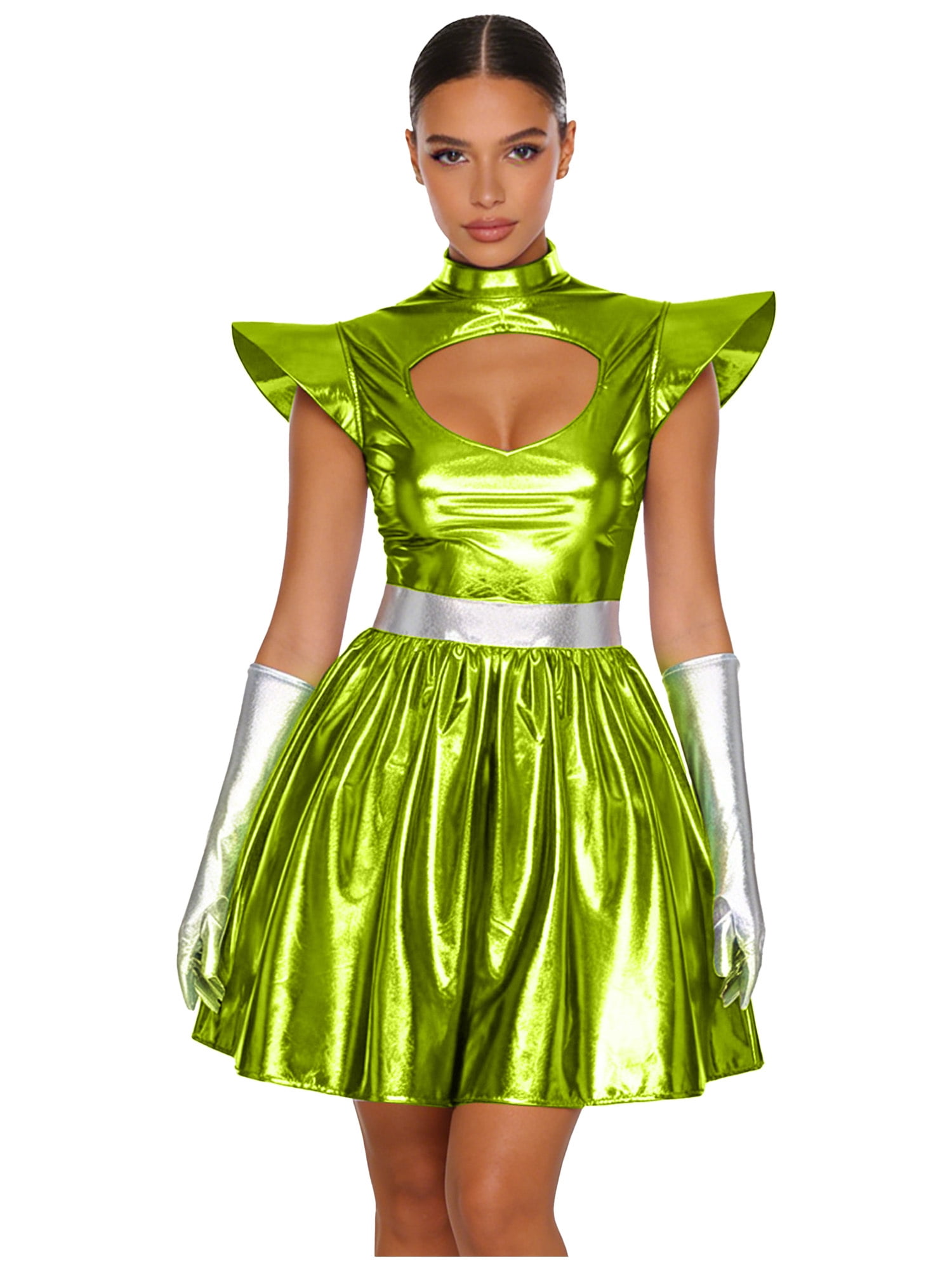 TiaoBug Women's Alien Metallic Shiny Robot Dress Space Cadet Rave ...