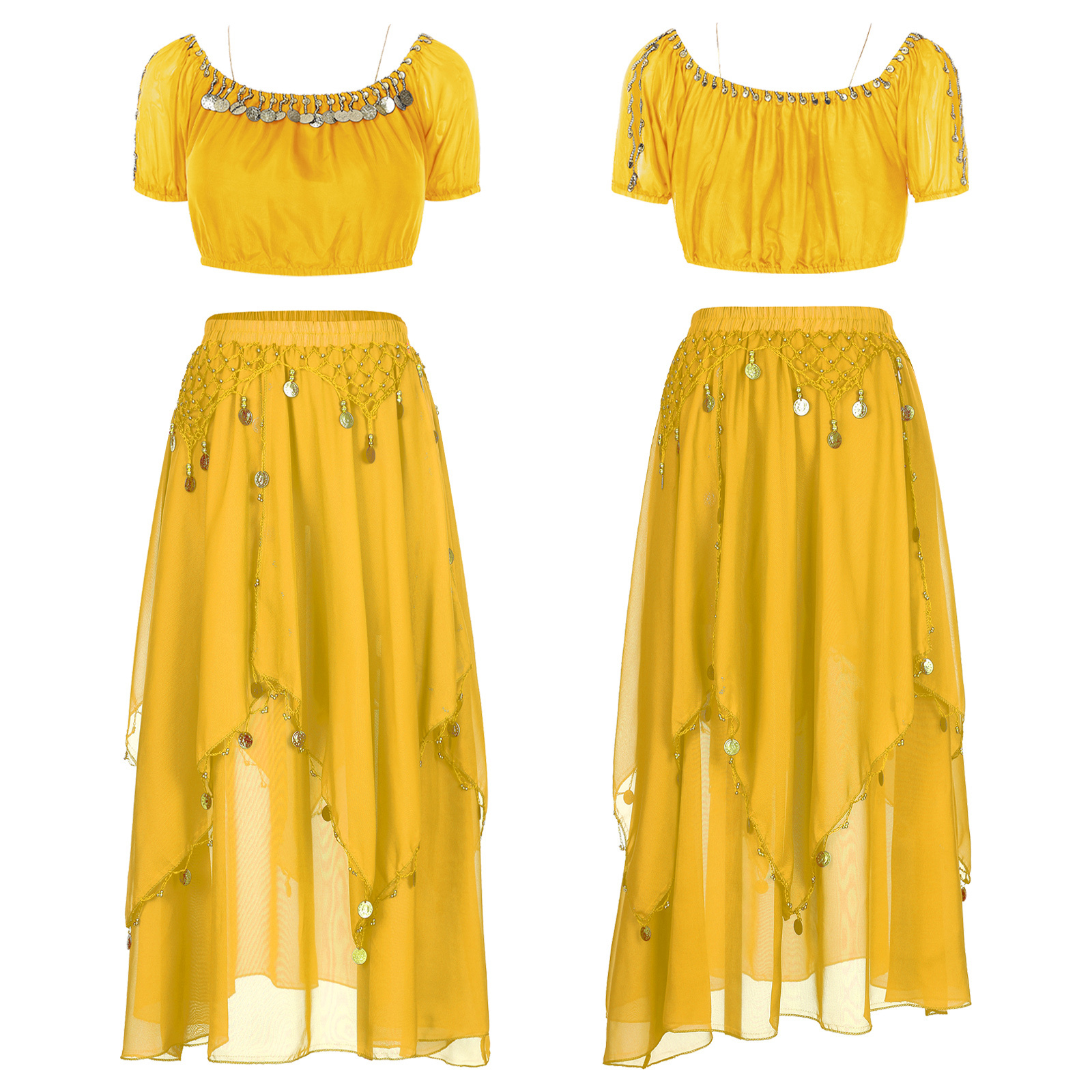 TiaoBug Women's Belly Dance Outfit Puff Short Sleeve Crop Top with ...