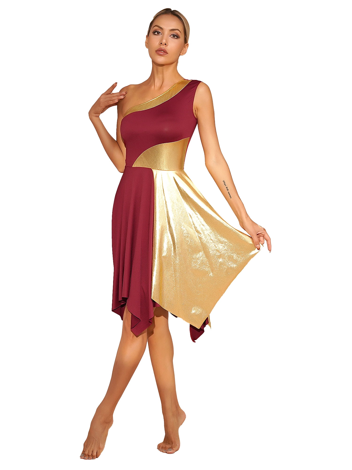 TiaoBug Women's One Shoulder Liturgical Praise Dance Dress Lyrical Worship Dancewear Color Block ...