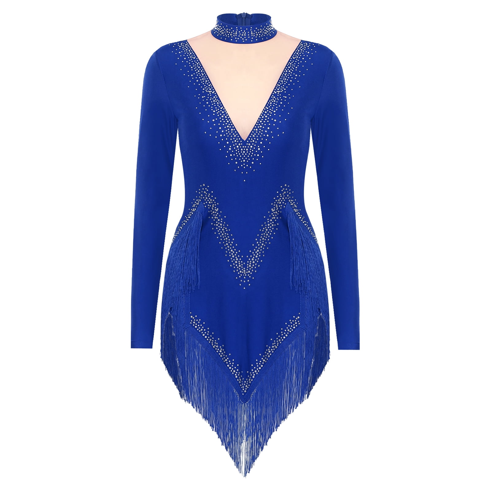 TiaoBug Women's Rhinestones Latin Dance Dress Long Sleeve Fringe Rumba ...
