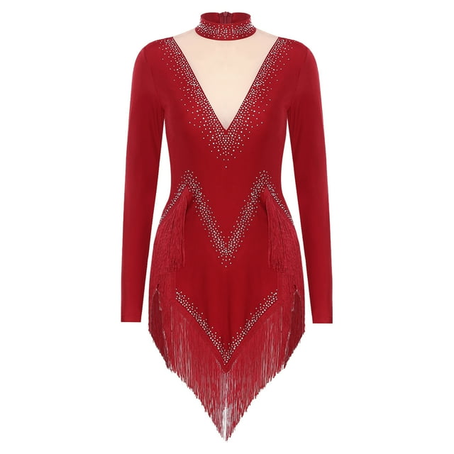 TiaoBug Women's Rhinestones Latin Dance Dress Long Sleeve Fringe Rumba ...