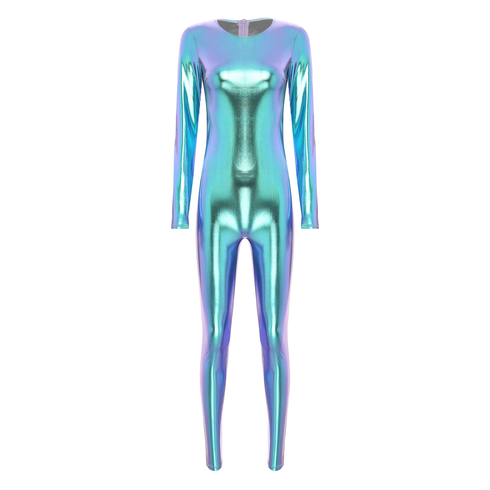TiaoBug Women's Shiny Liquid Full Body Suits Round Neck Unitard Back ...