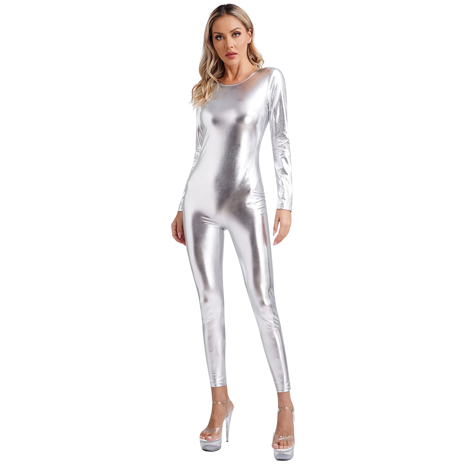 TiaoBug Women's Shiny Liquid Full Body Suits Round Neck Unitard Back ...