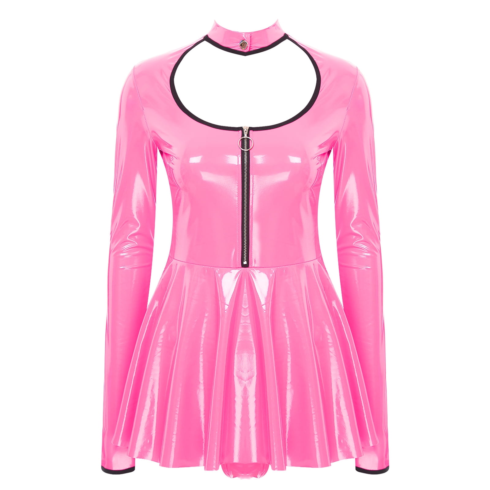 TiaoBug Women's Wet Look PVC Leather Zip Front Flare Latex Mini Dress ...