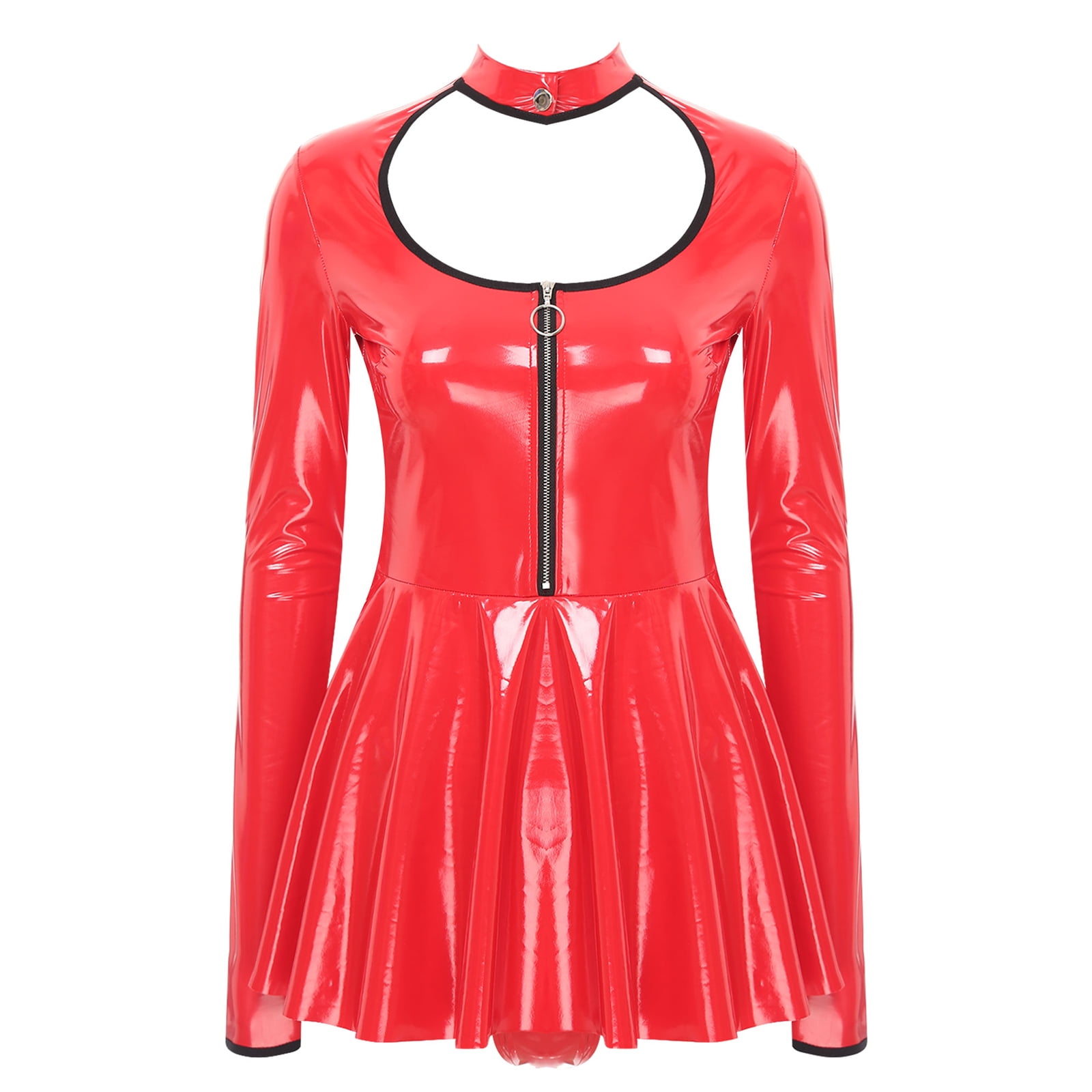 TiaoBug Women's Wet Look PVC Leather Zip Front Flare Latex Mini Dress ...