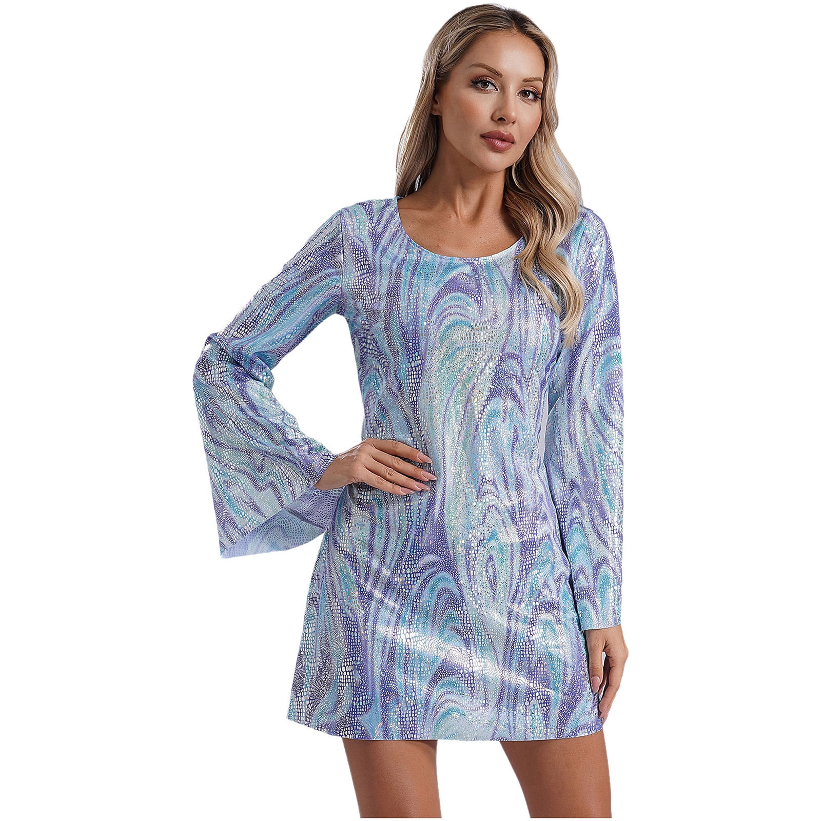 TiaoBug Womens 70s Disco Dance Dress Glitter Sequins Flare Long Sleeve ...