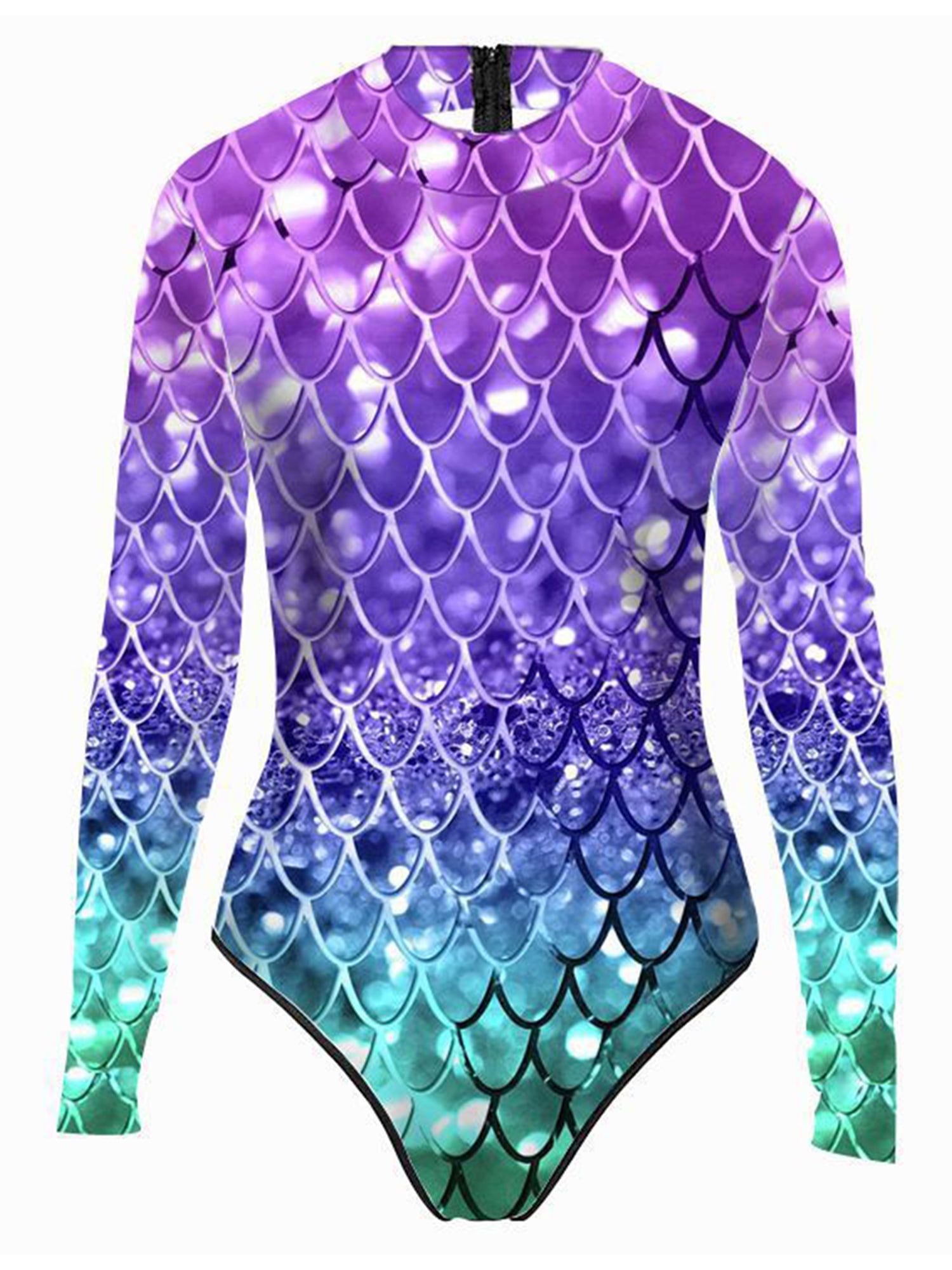 TiaoBug Womens Fish Scale Print Swimwear Long Sleeve Mermaid One-piece ...