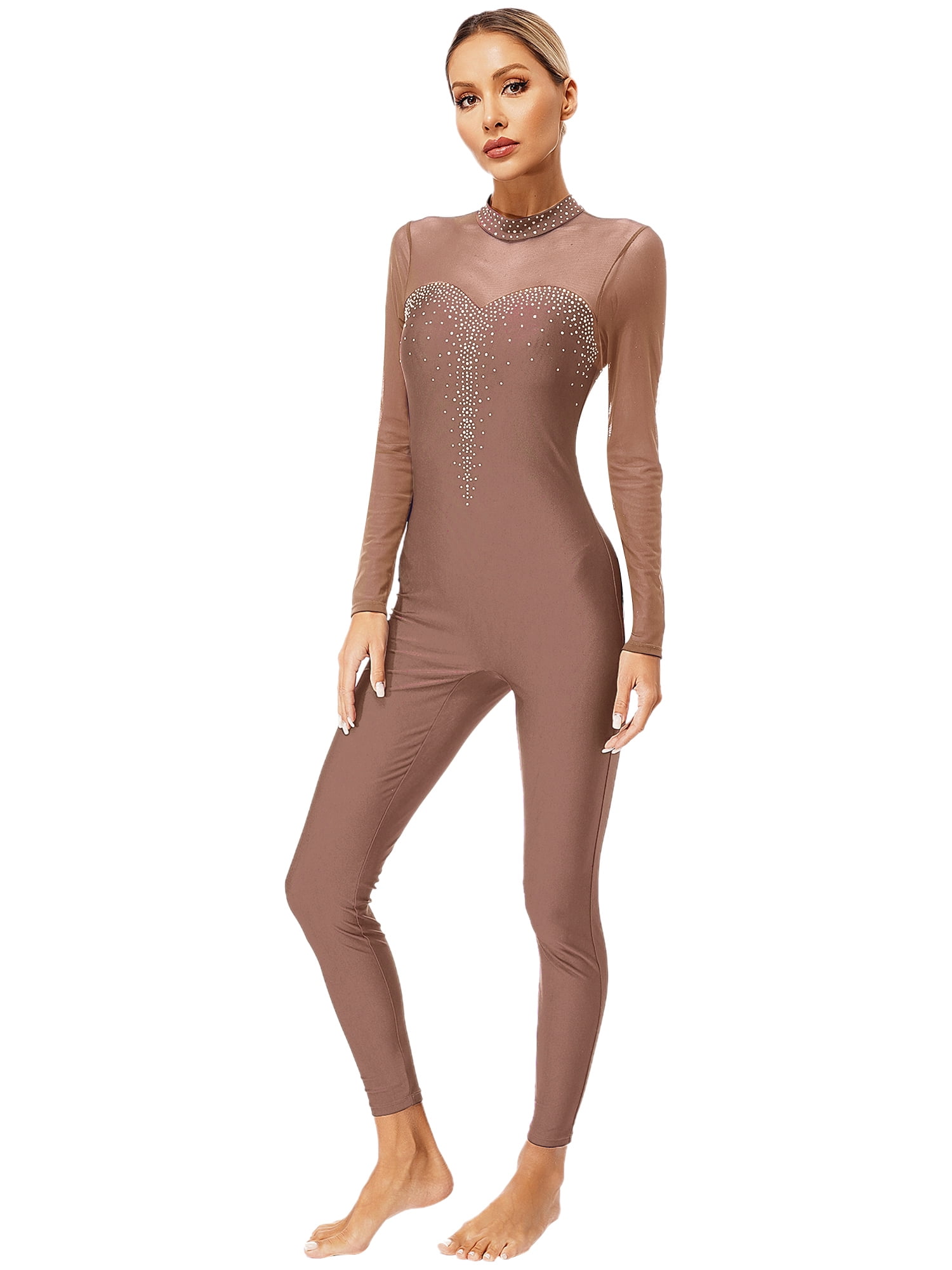 TiaoBug Womens Gymnastic Leotard Sheer Mesh Full Body Long Sleeve ...