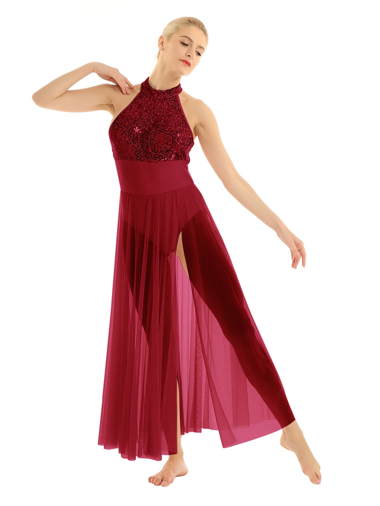 TiaoBug Womens Sequins Halter Ballet Dance Maxi Leotard Dress Lyrical ...