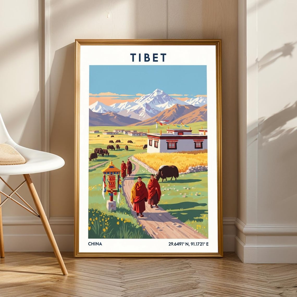 Tibet Monks Landscape Poster: Travel Wall Art, Unframed Canvas Size ...