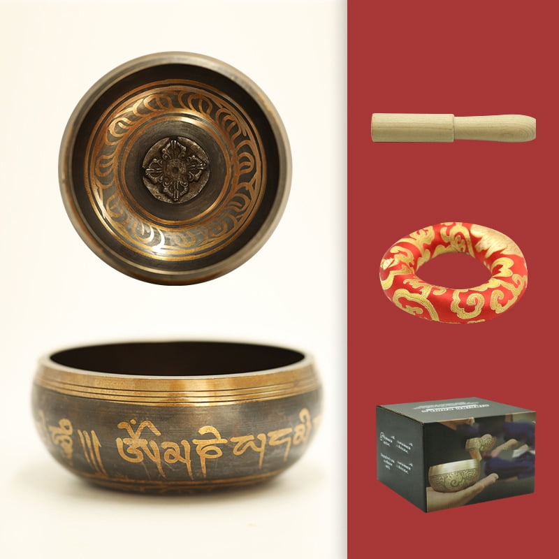 Tibetan Brass Singing Bowl & Wood Striker & Random Color Cloth Mat Set ...