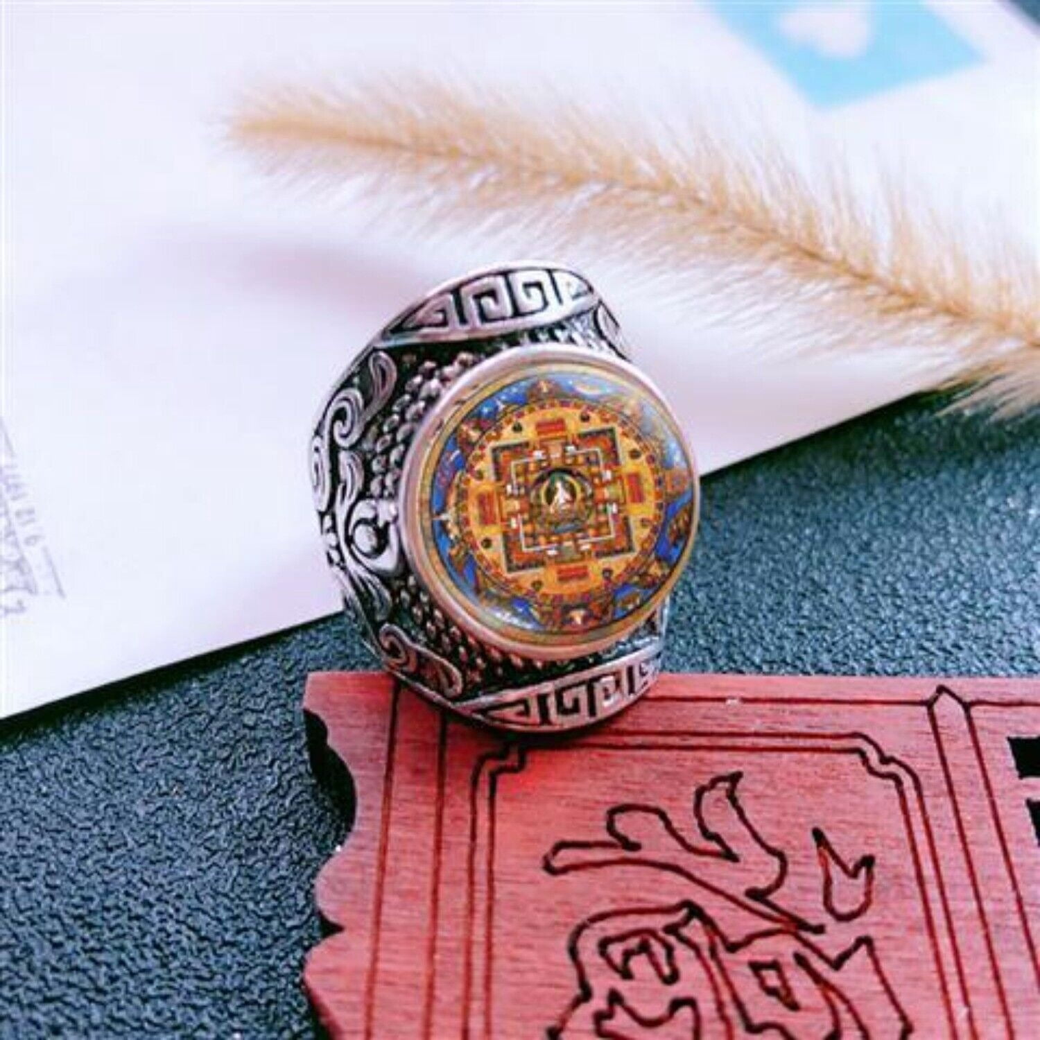 Tibetan Buddhist Thangka Mandala Ring Mens Adjustable Band Green Tara ...