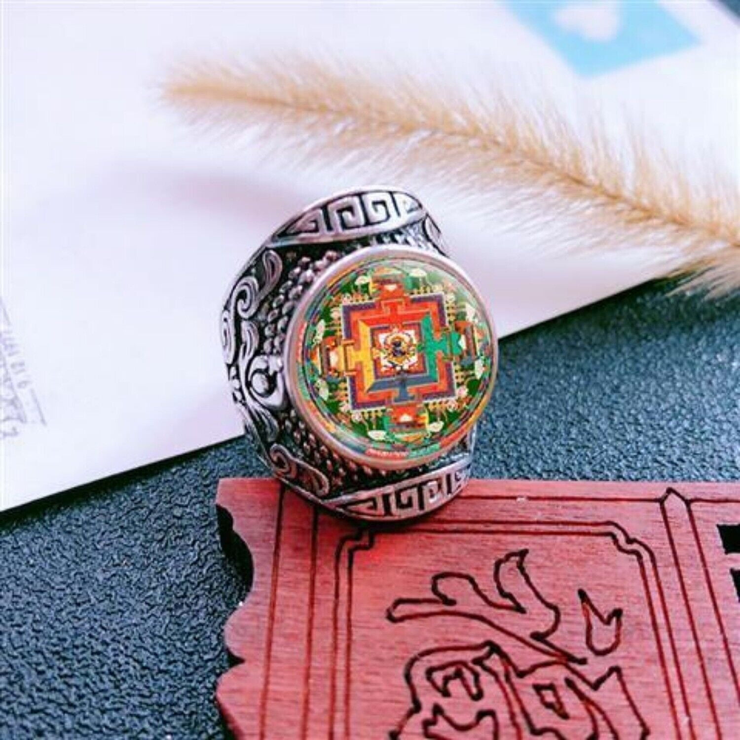 Tibetan Buddhist Thangka Mandala Ring Mens Adjustable Band Green Tara ...