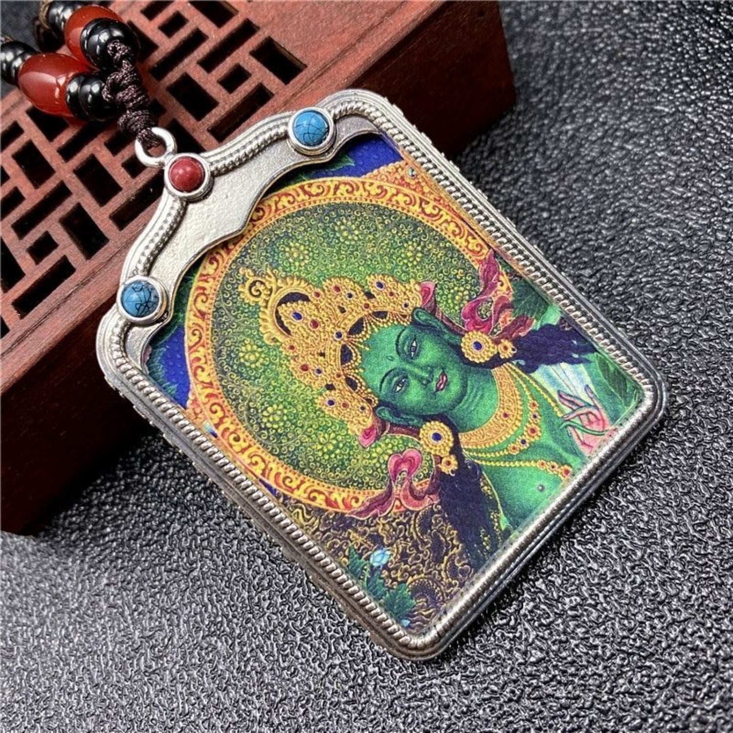 Tibetan Gawu Box Pendant Green Tara Thangka Buddha Amulet Patron Saint ...
