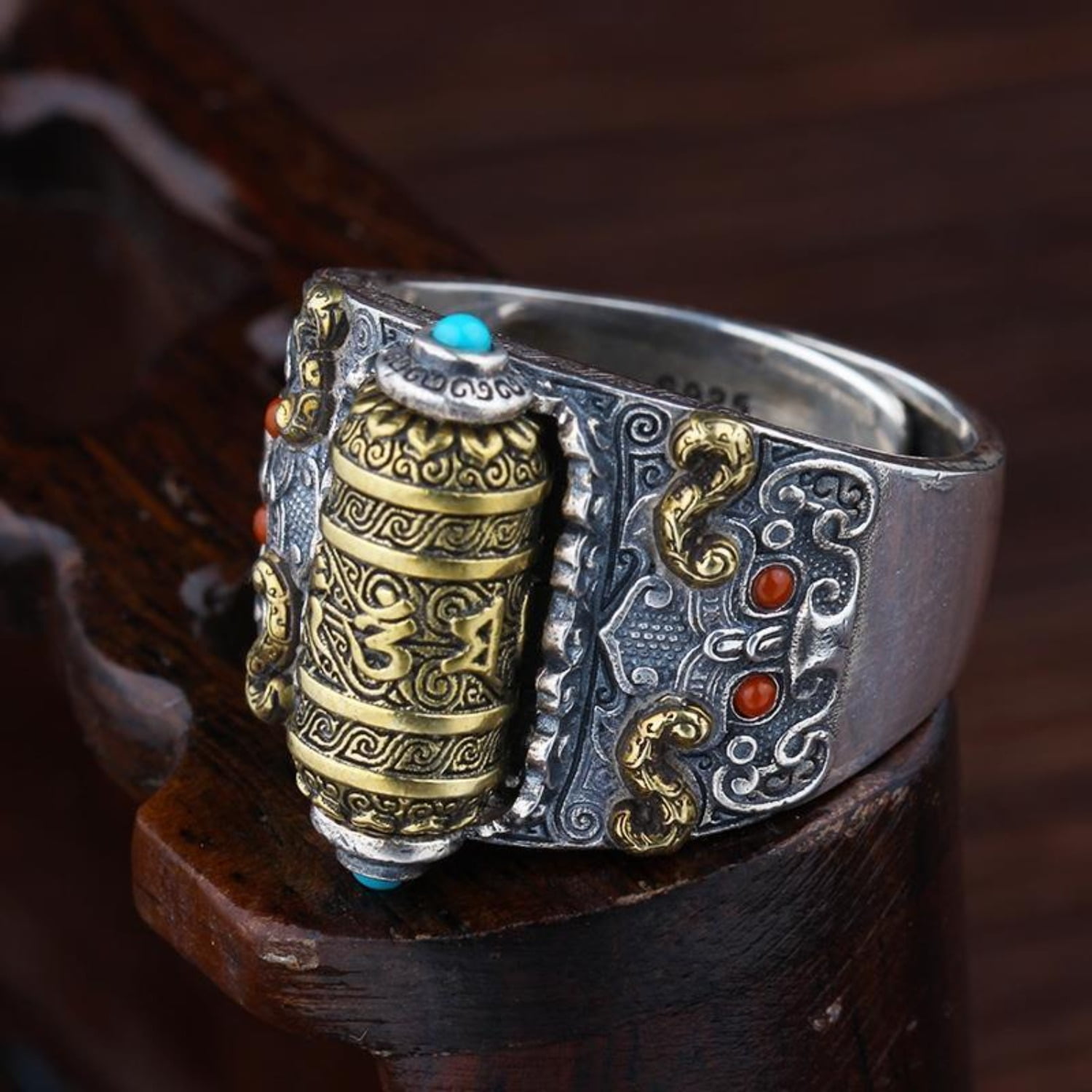 Tibetan Om Mani Padme Hum Spinner Ring for Men Rotatable Vintage ...
