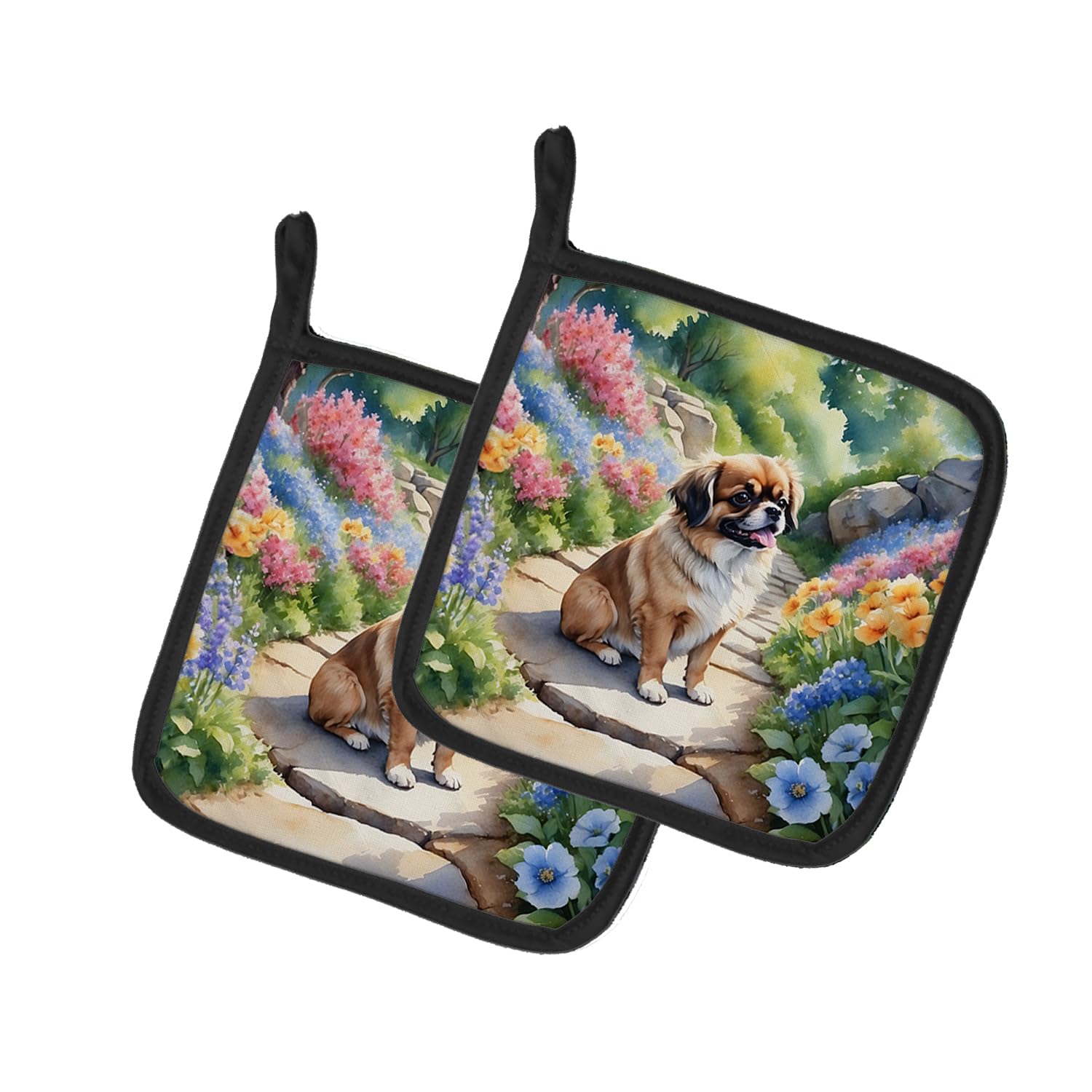 Tibetan Spaniel Spring Path Pair of Pot Holders 7.5 in x 7.5 in ...