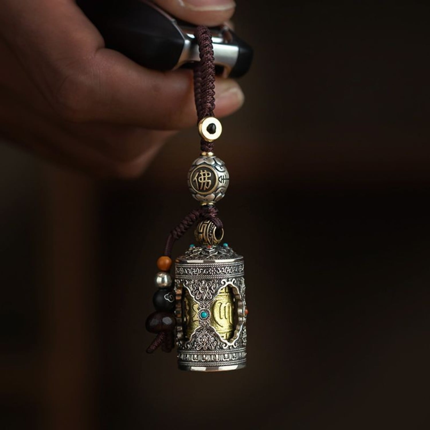 Tibetan Style Prayer Box Keychain Rotating Mantra Design Metal Alloy ...