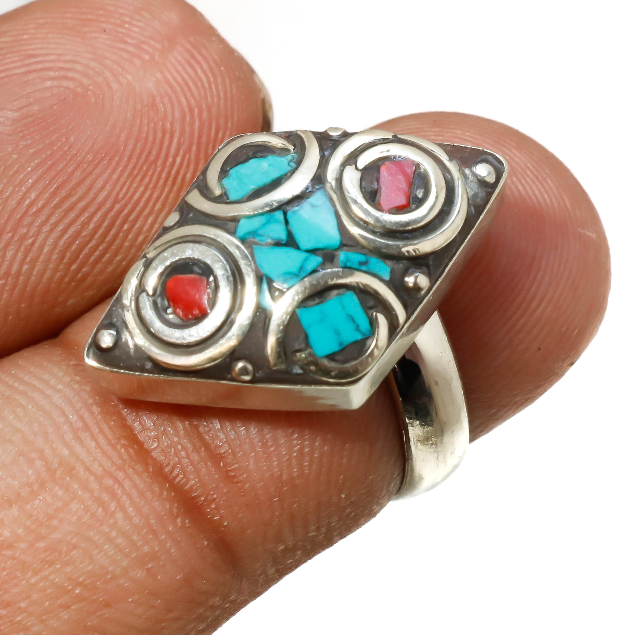 Turquoise Coral Gemstone Adjustable Ring Tibetan Silver Nepali Jewelry ...