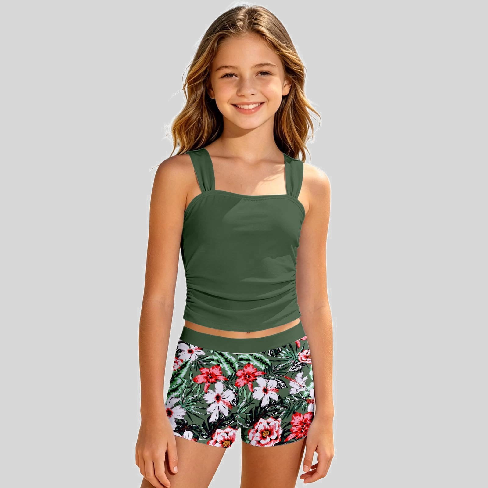 Ticikt Girls 2-Piece Tankini Swimsuit, Solid Top & Palm Print Shorts ...