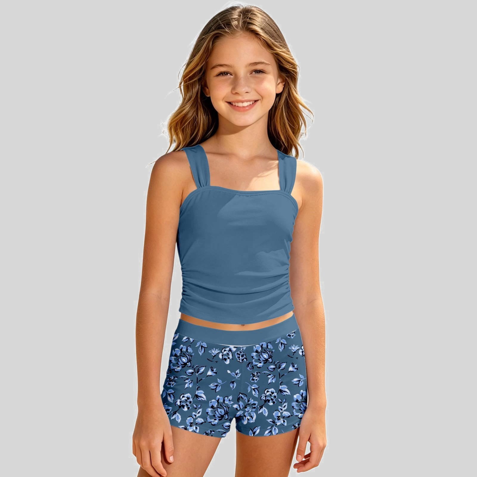 Ticikt Girls 2-Piece Tankini Swimsuit, Solid Top & Palm Print Shorts ...